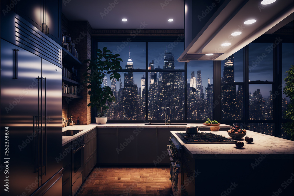 Generative AI illustration of luxury penthouse kitchen at night Stock ...