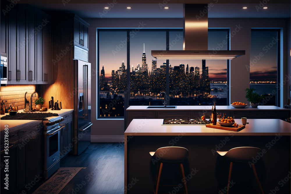 Generative AI illustration of luxury penthouse kitchen at night Stock ...