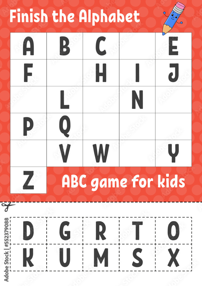 Finish the alphabet. ABC game for kids. Cut and glue. Education ...