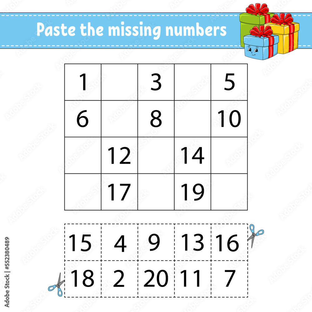 Paste the missing numbers 1-20. Game for children. Handwriting practice ...
