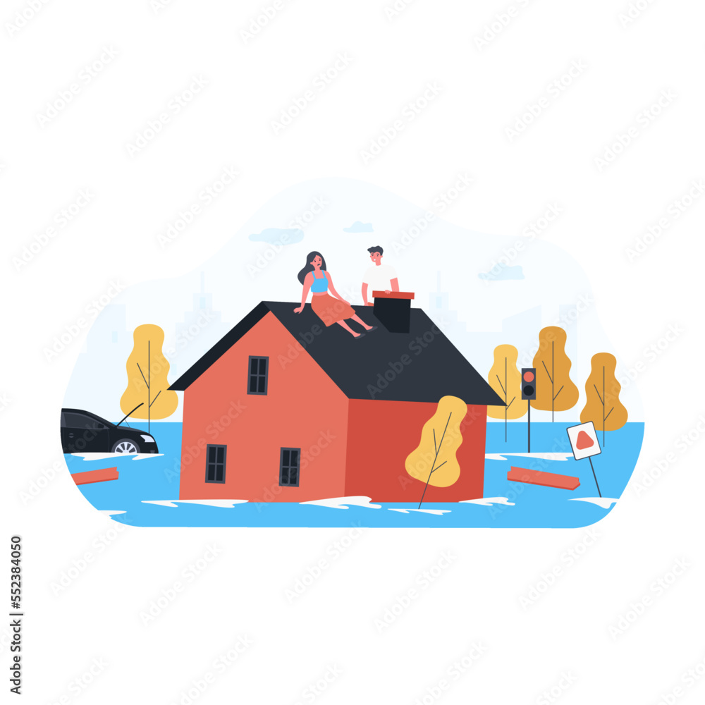 Flood Victims Sitting On Roof Of House Flat Vector Illustration Man