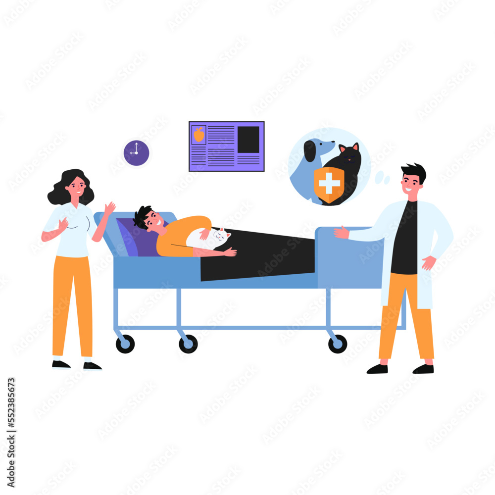 Cartoon medical workers, patient lying in bed with cat. Flat vector ...