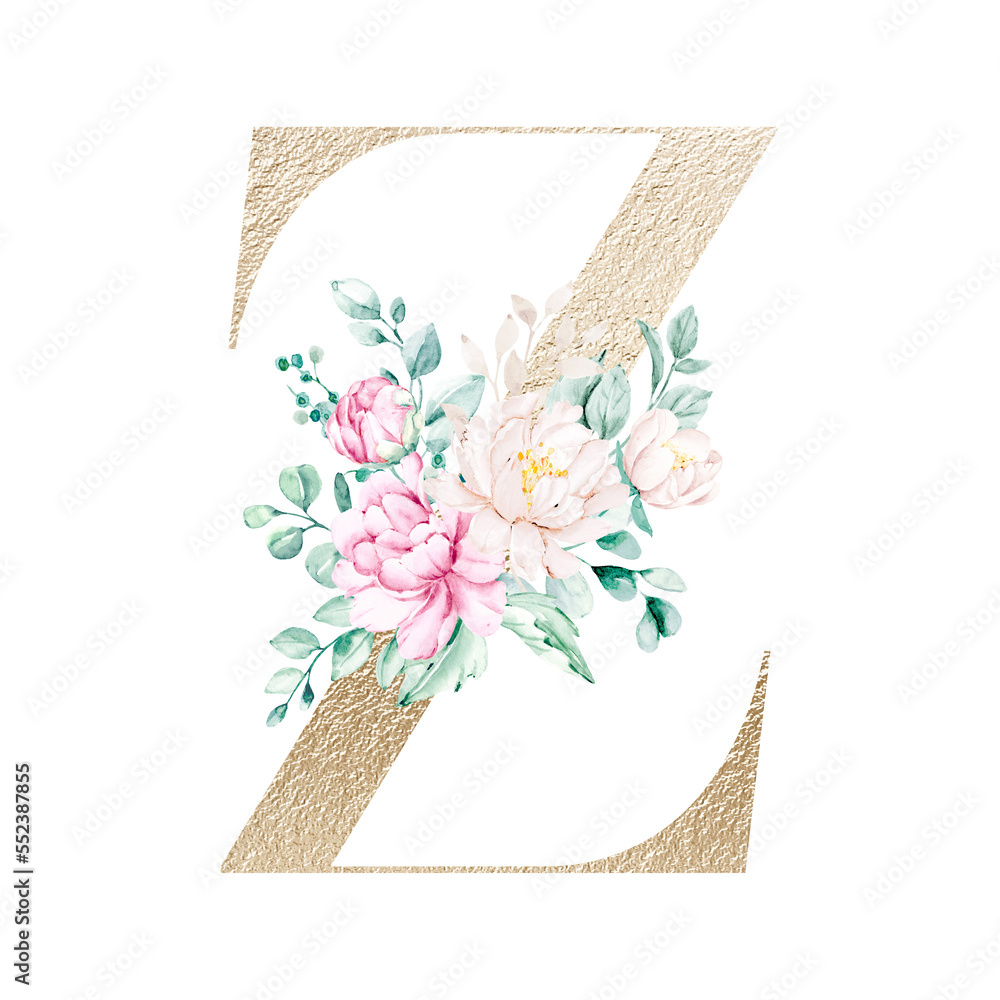 Floral alphabet, gold letter Z with watercolor flowers and leaf ...