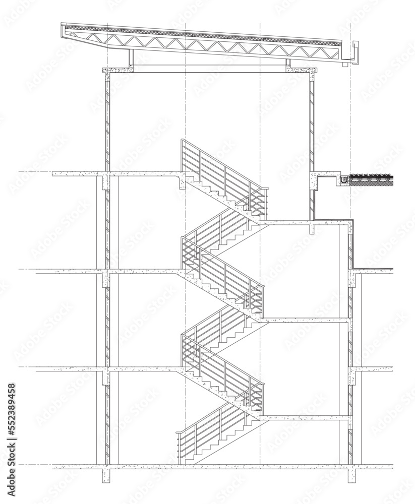 2D CAD architectural drawing section of the stairs that connect the 4 ...