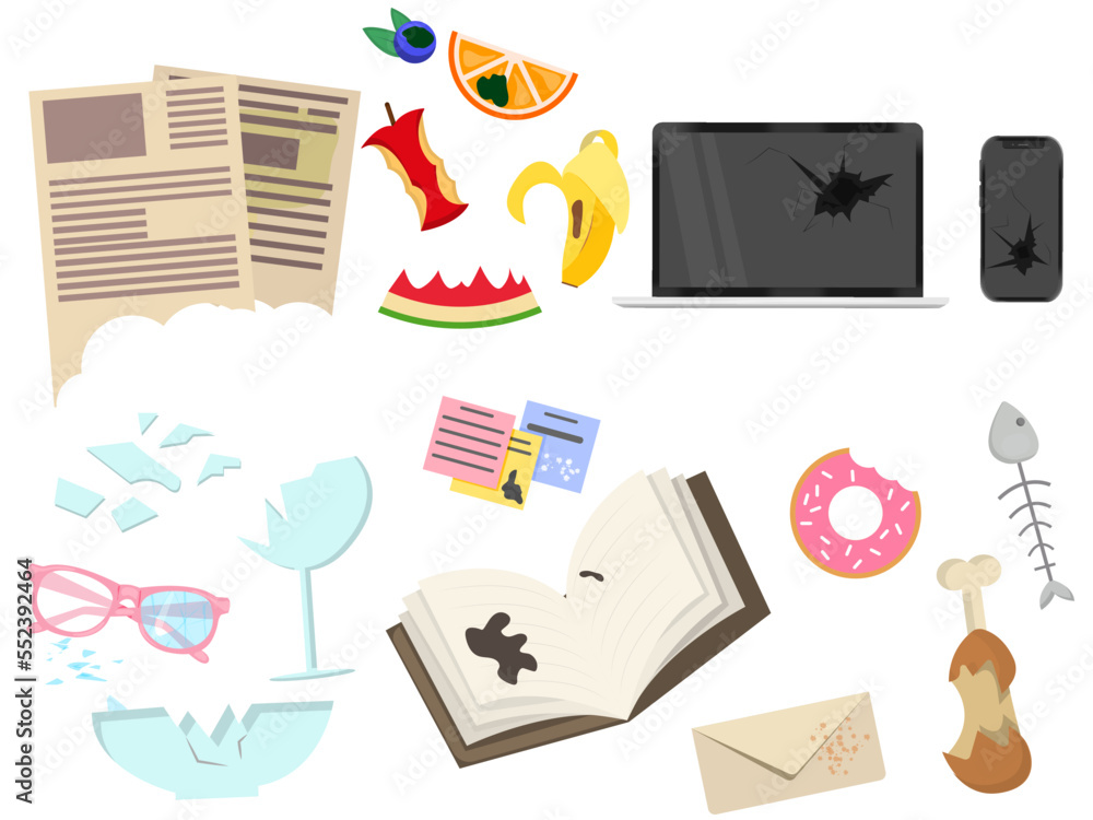 Vector set of garbage, dirty things and scraps. The concept of cleaning ...