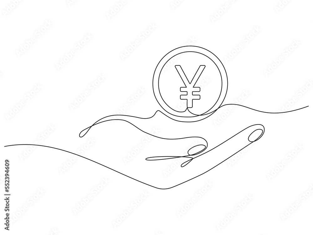 Hand holding yen coin continuous one line drawing art. Japanese money ...