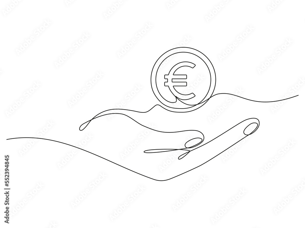 Hand holding coin continuous one line drawing art. Euro linear symbol ...