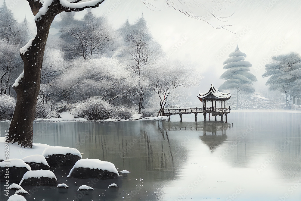 Snow Scenery of Jiangnan Gardens in China Stock Illustration | Adobe Stock