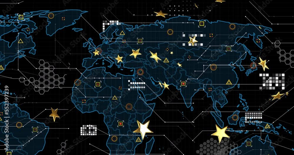 Animation of golden star icons floating over world map and data ...
