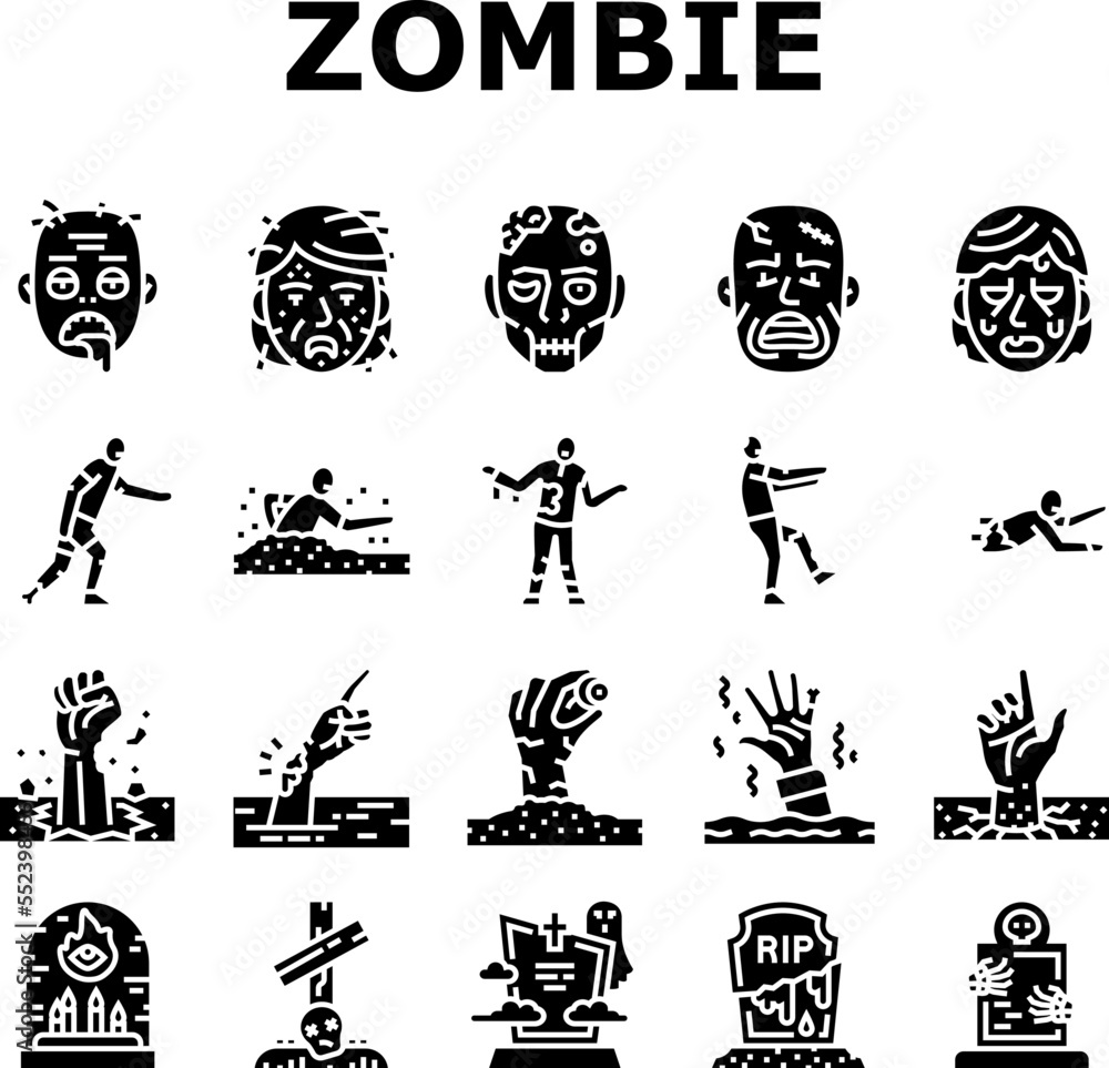 zombie horror scary dead evil icons set vector. monster creepy, hand ...