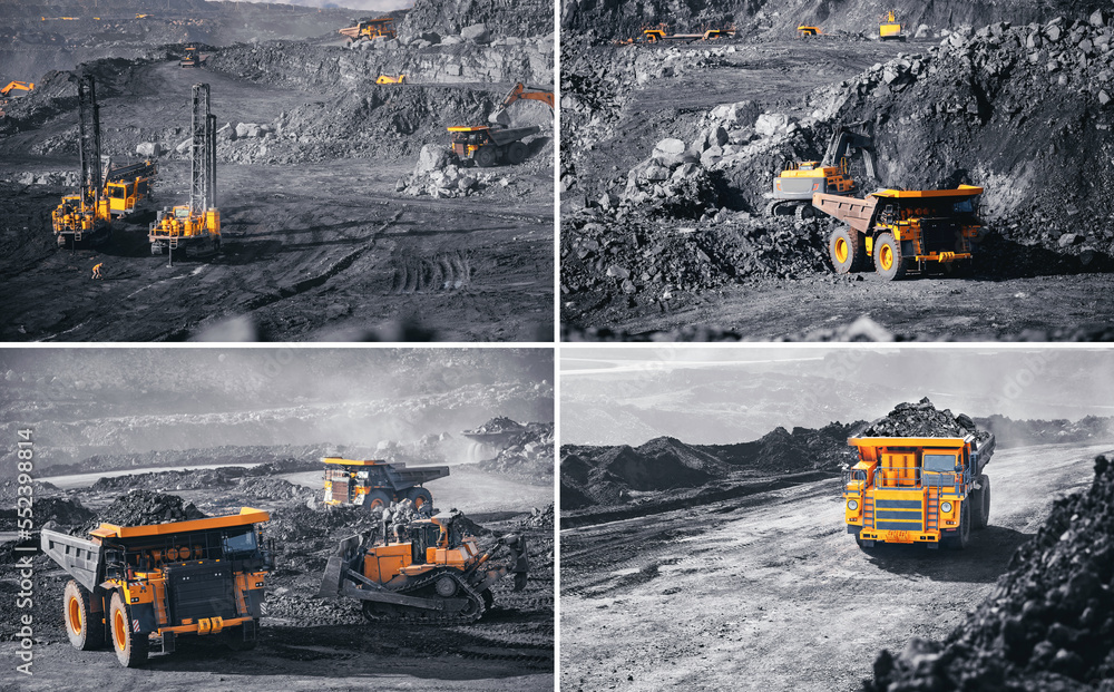 Banner industry coal mining factory. Collage Process work yellow track ...
