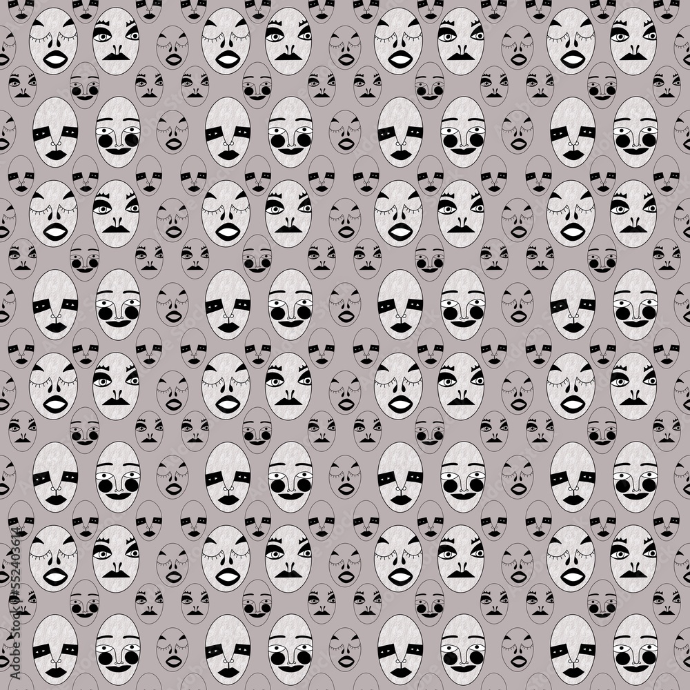 a large number of strange hand-drawn heads with different facial ...