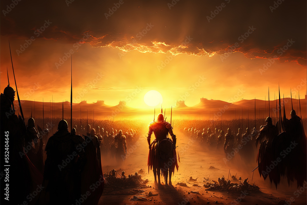 Anticipation of a battle at sunrise with medieval armies standing in ...