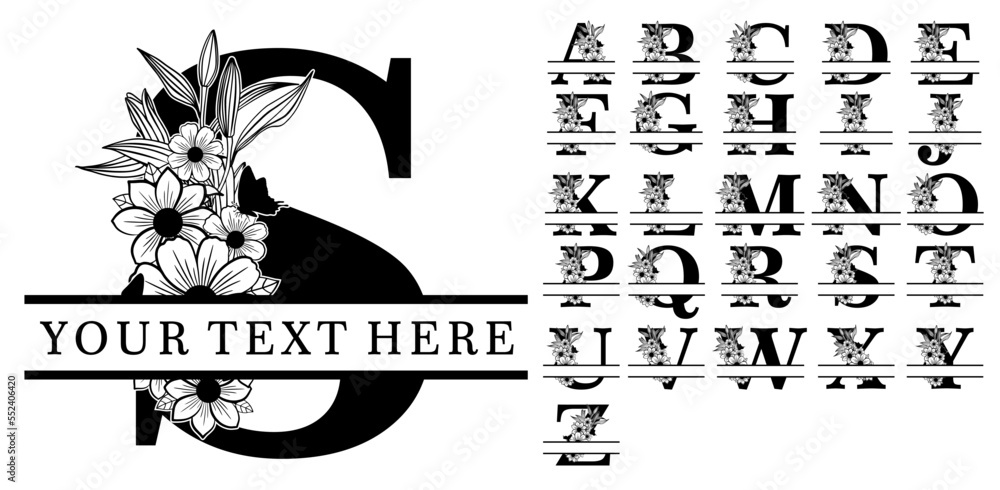 Floral Split Alphabet Monogram Letters A-Z, Split Letter, Split Font ...
