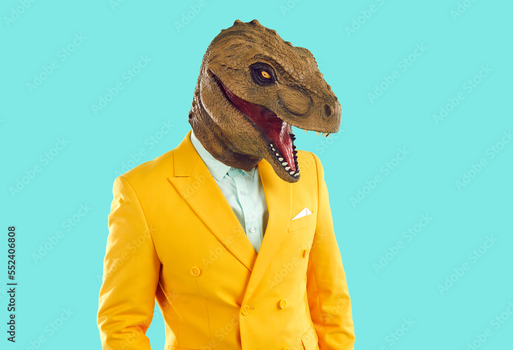 Half length portrait of eccentric man with dinosaur head mask. Cool man ...