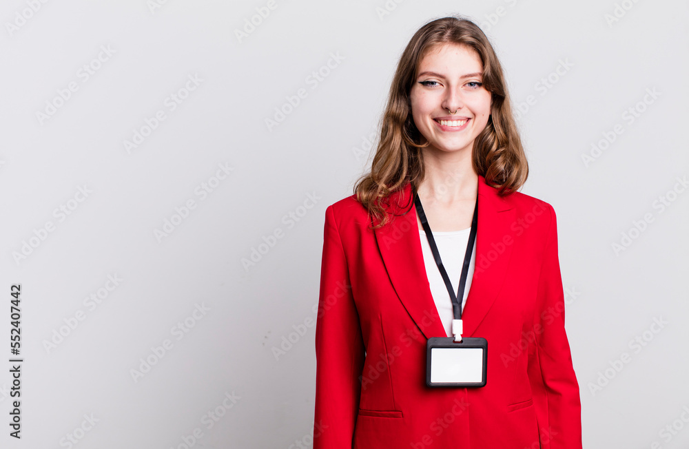 caucasian pretty woman looking happy and pleasantly surprised. pass id ...