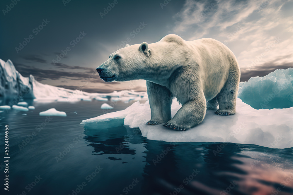 Global warming, concept with lone polar bear standing on small iceberg ...