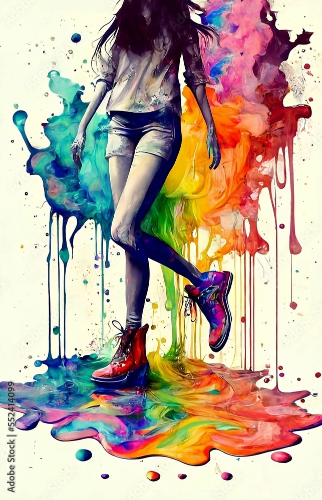 Dynamic image of a woman stomping in a puddle of rainbow liquid energy ...