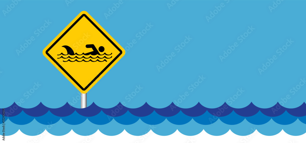 Stop, beware of sharks sigboard. Cartoon shark warning sign for beach ...
