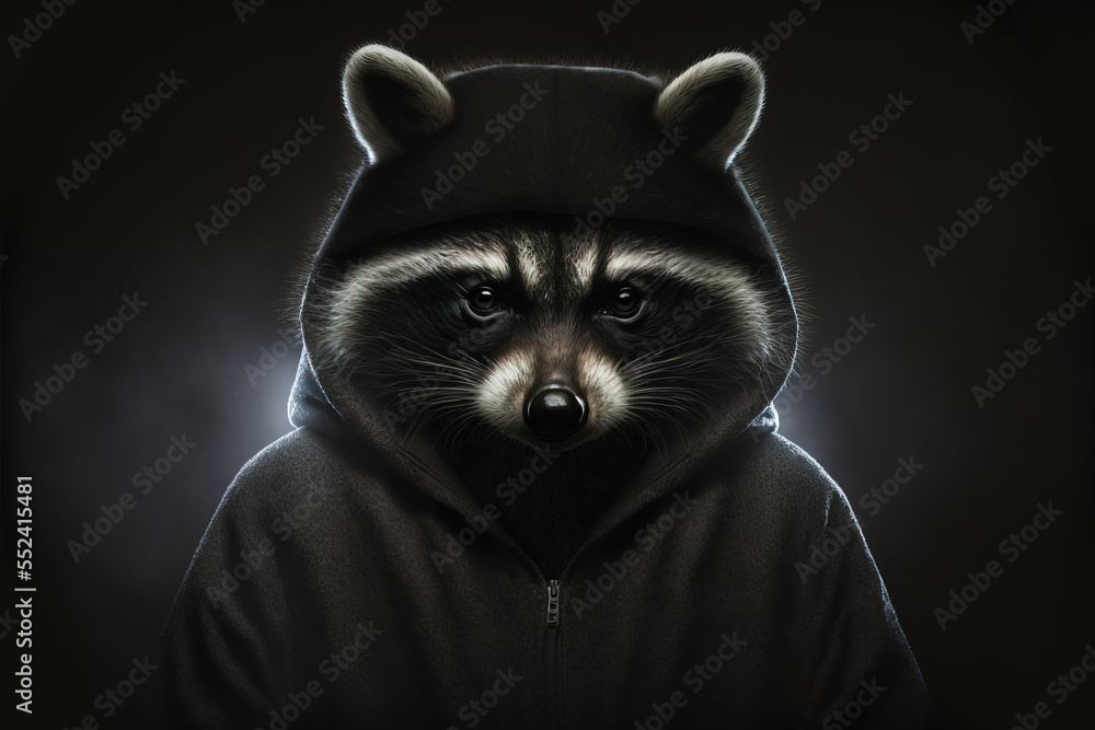 Raccoon with hoodie looking like a hacker or burglar , made with ...