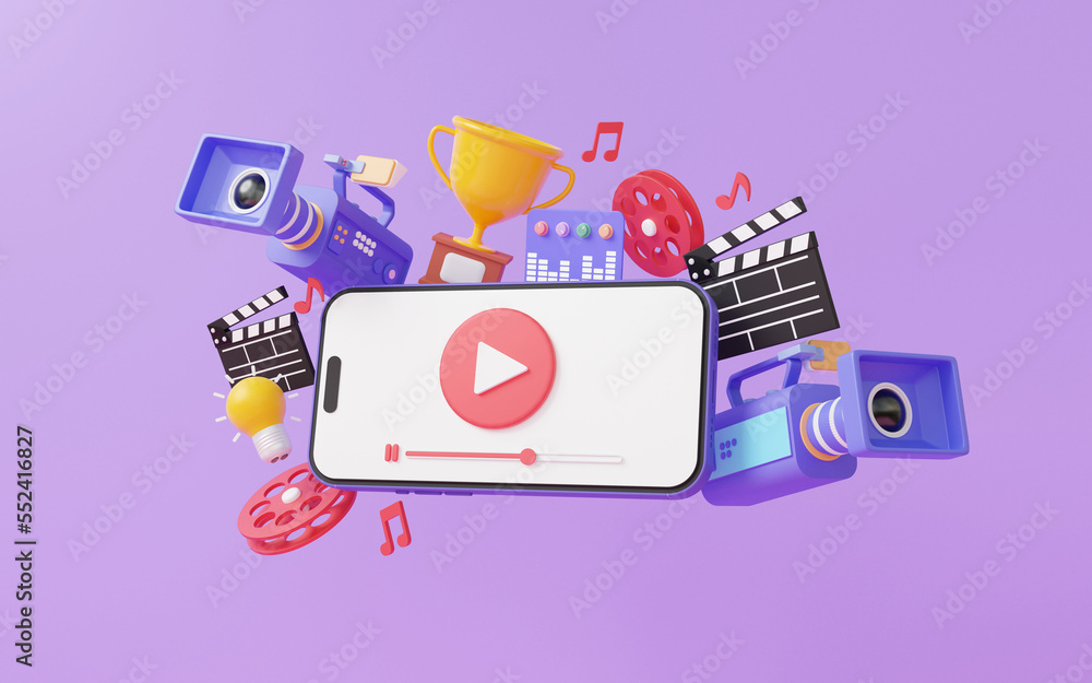 Mobile phone modern streaming playing video with movie camera floating ...