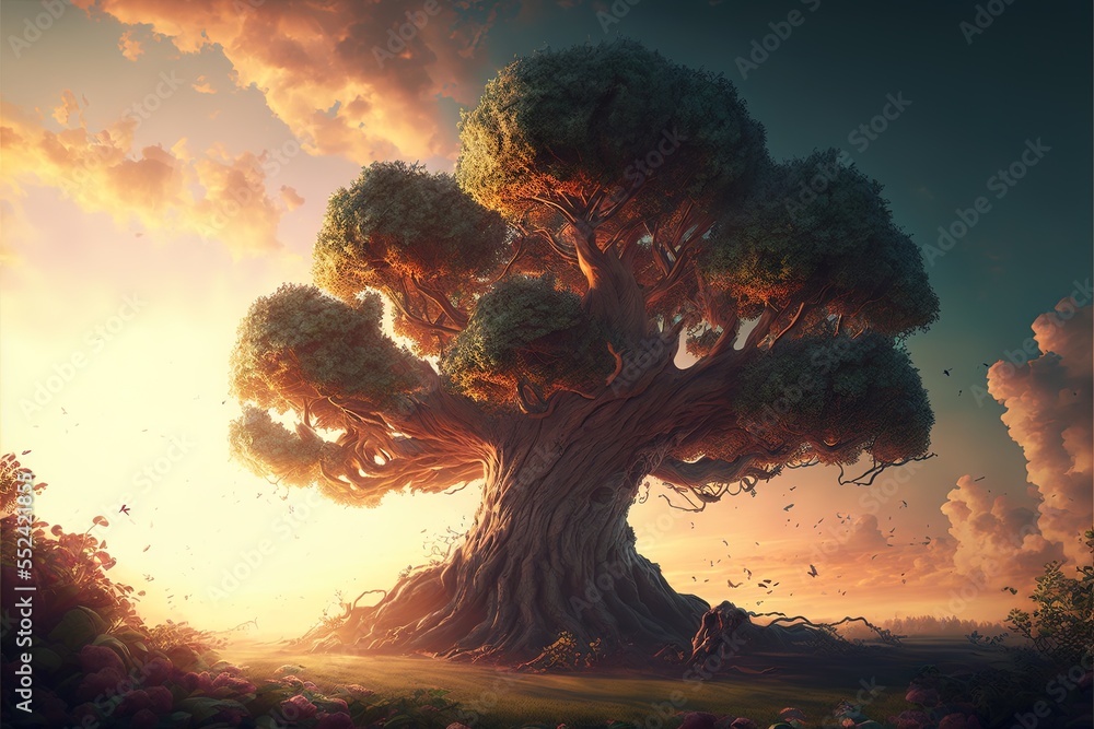 Beautiful scence of big tree with leaves at sunset sky with clouds ...