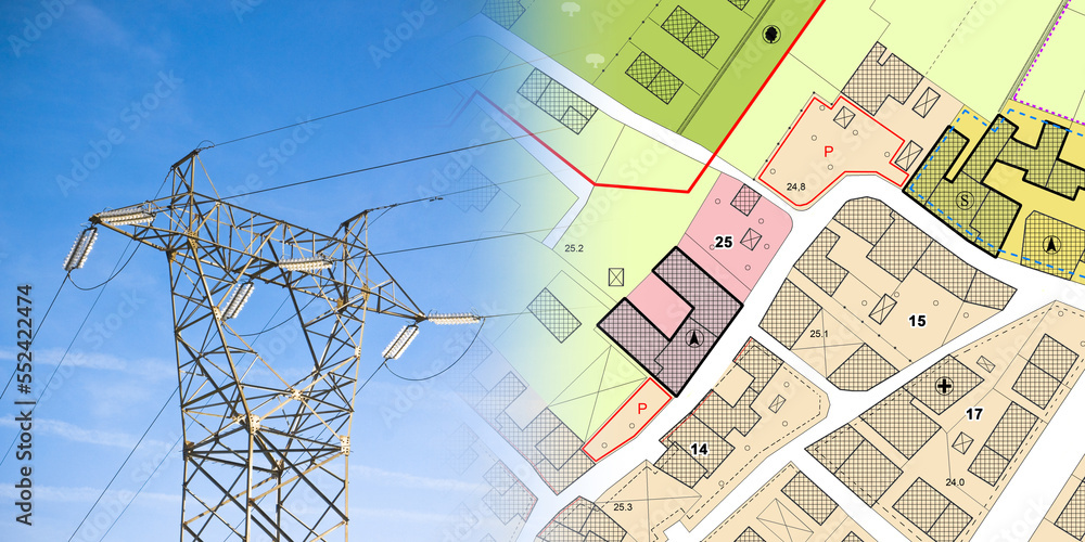 Electricity distribution in cities - concept with city map and ...