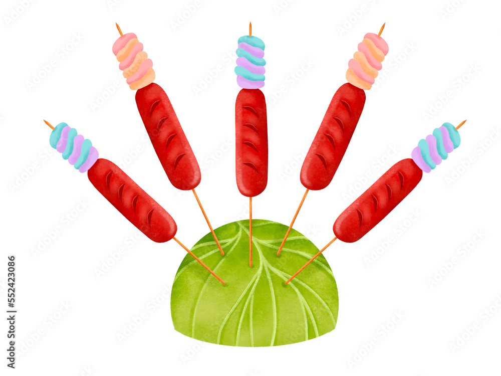 Filipino hotdog twisty marshmallow sticks stuck on cabbage Stock ...