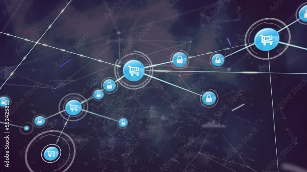 Animation of padlock and shopping cart icons connecting with lines on abstract background Stock ...