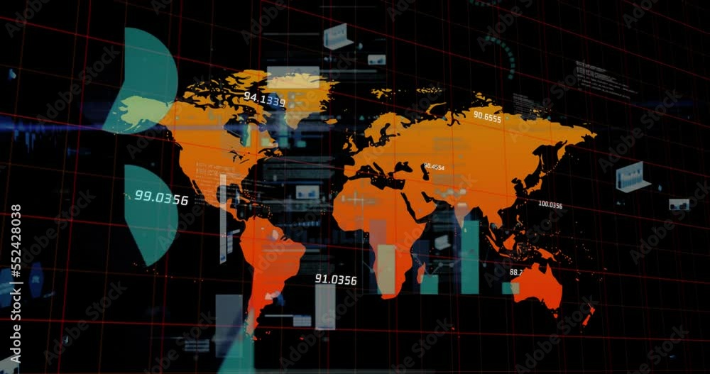 Animation of infographic interface over map with numbers against black background Stock 비디오 ...
