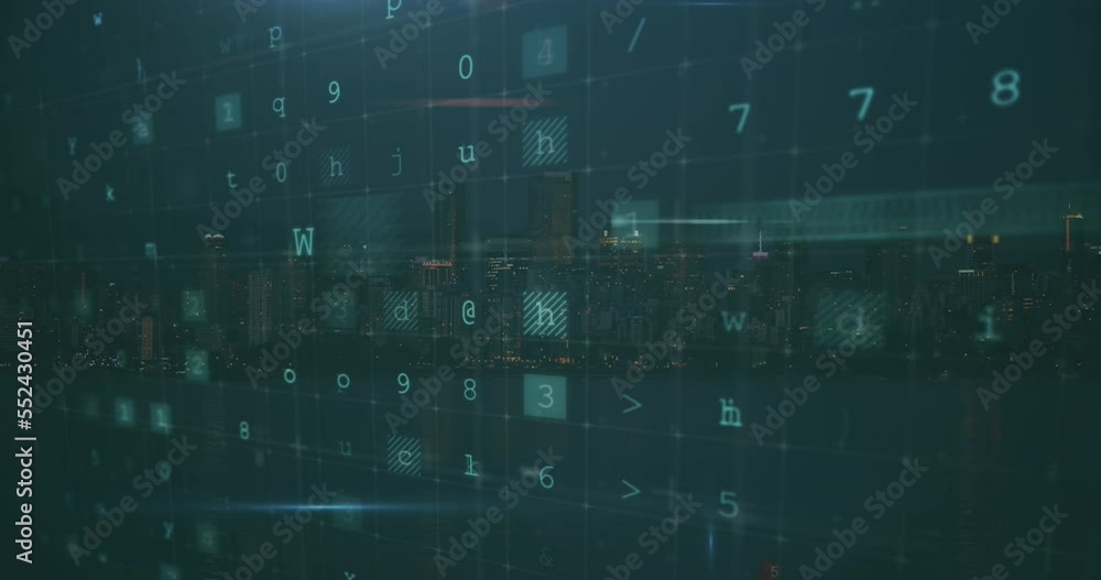 Animation of multiple texts, alphabets, number, symbols with lens flare ...