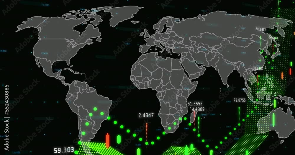 Animation of multiple graphs with numbers over map against black ...