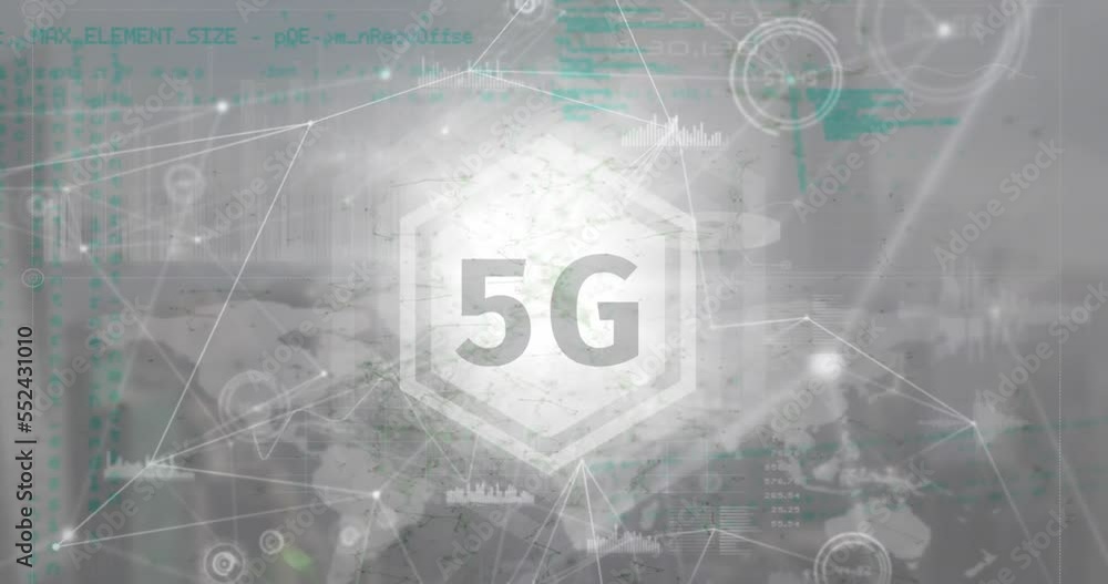 Animation of 5g text in hexagon shape, connected dots, bar graph icons ...