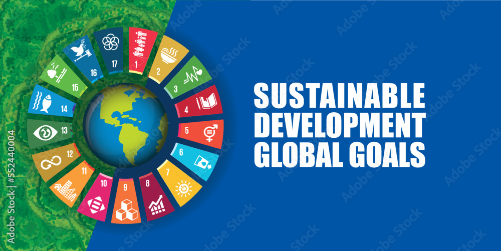Sustainable Development Wheel Illustration 3D rendering on top of green ...