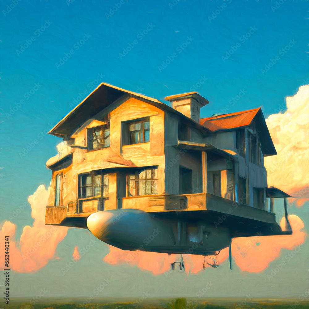 Weathered old two-story house flying steadily over coastline on a sunny ...