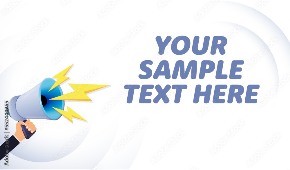 Hand hold megaphone. Your sample text here, realistic 3d megaphone ...