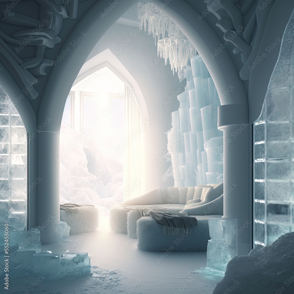 Ice hotel, room made of ice, frozen room interior generative ai art ...
