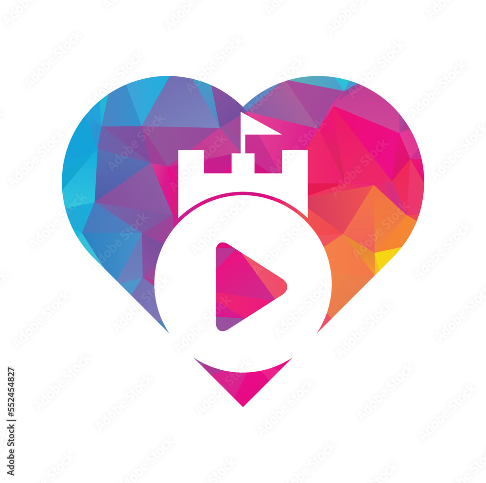 Play castle heart shape concept logo design. Button play and castle ...