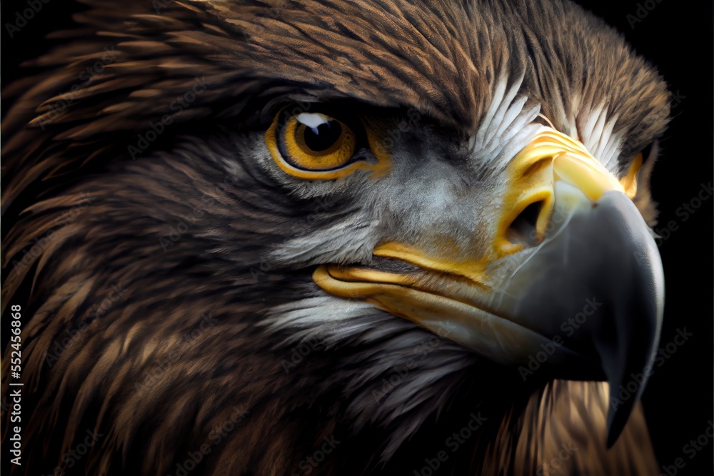 a close up of a bird of prey with a black background and yellow eyes ...