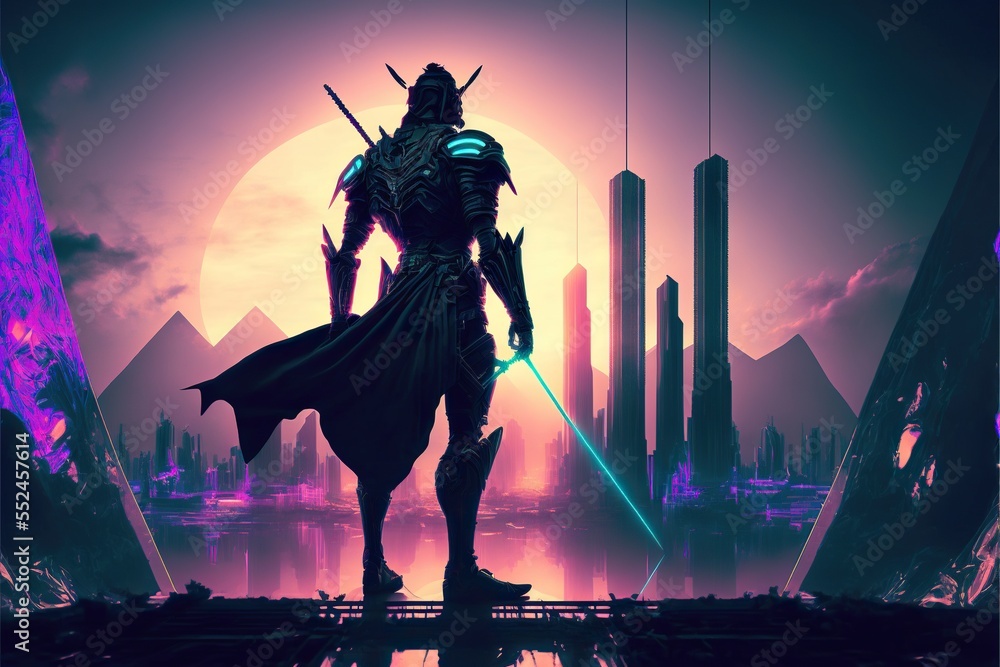 Futuristic neon samurai warrior silhouette with futuristic cyberpunk ...