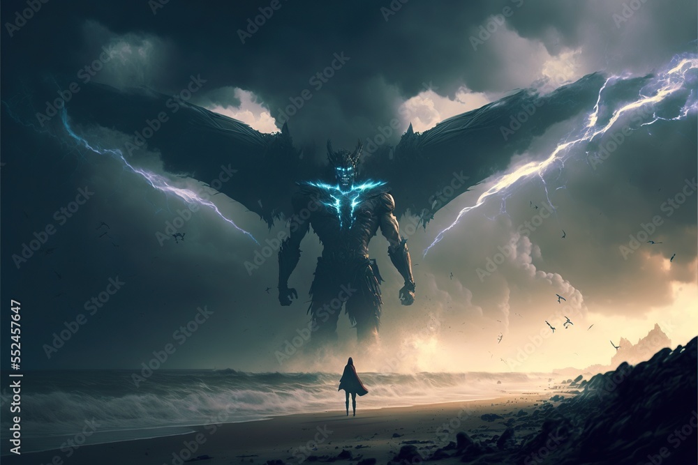 Giant dark neon angel nephilim creature with wings in the ocean. Sci-fi ...