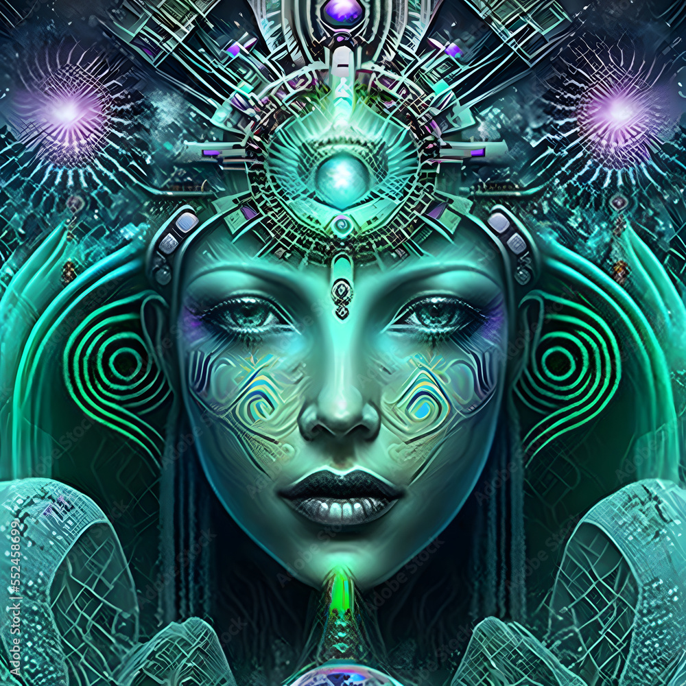 psychedelic woman full face portrait looking straight into camera ...