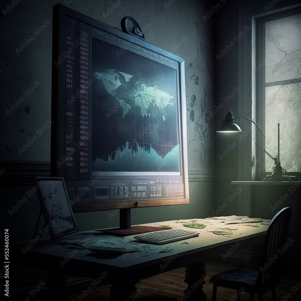 computer and screens with graphs in the office in retro style, graph ...