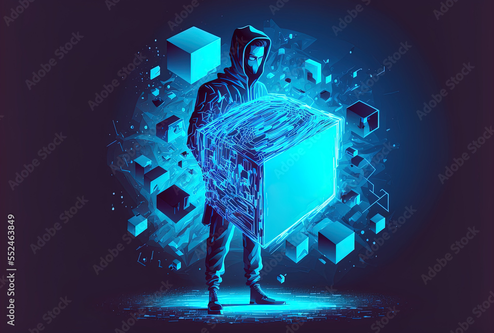 Hacker with laptop standing within abstract cube hologram on double ...