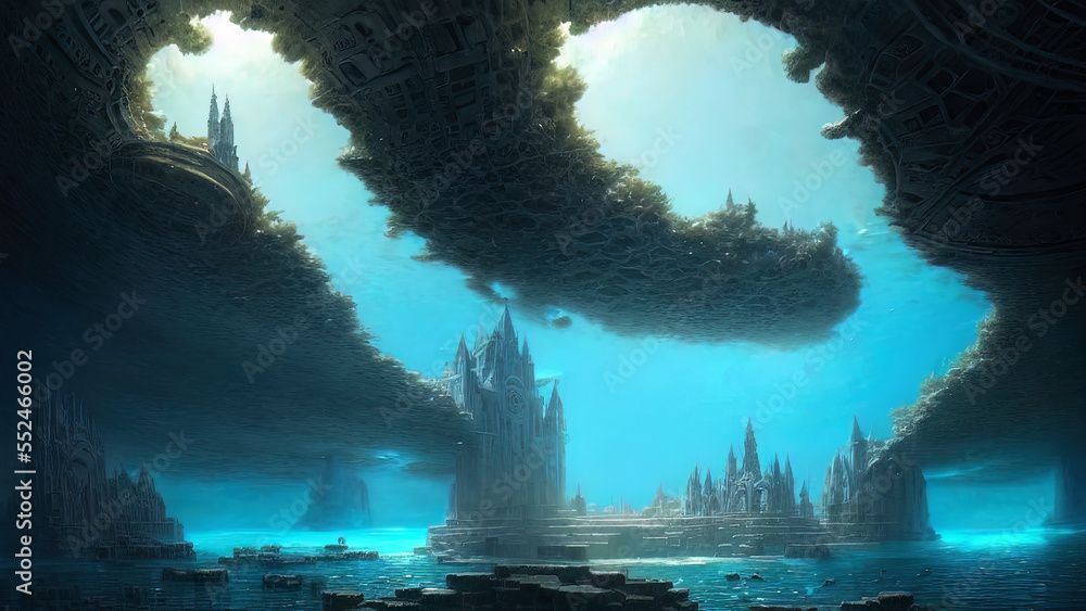 Ancient majestic sunken city of Atlantis civilization. Fantasy city at ...