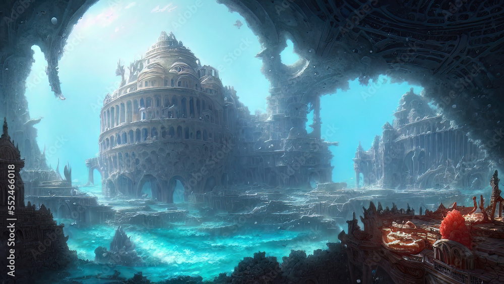 Ancient majestic sunken city of Atlantis civilization. Fantasy city at ...