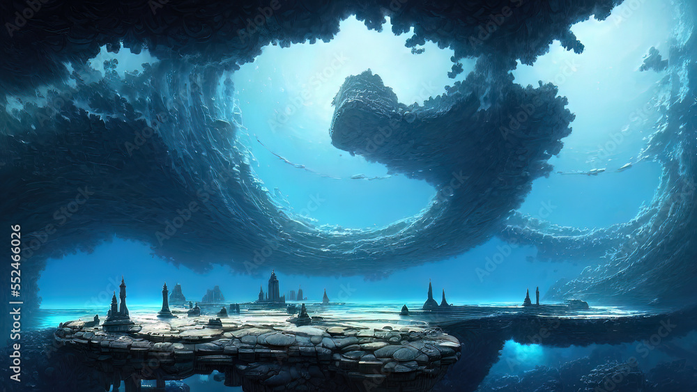 Ancient majestic sunken city of Atlantis civilization. Fantasy city at ...
