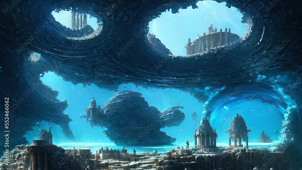 Ancient majestic sunken city of Atlantis civilization. Fantasy city at ...