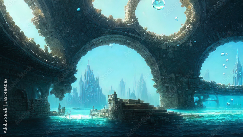 Ancient majestic sunken city of Atlantis civilization. Fantasy city at ...