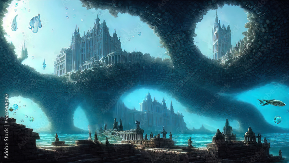 Ancient majestic sunken city of Atlantis civilization. Fantasy city at ...